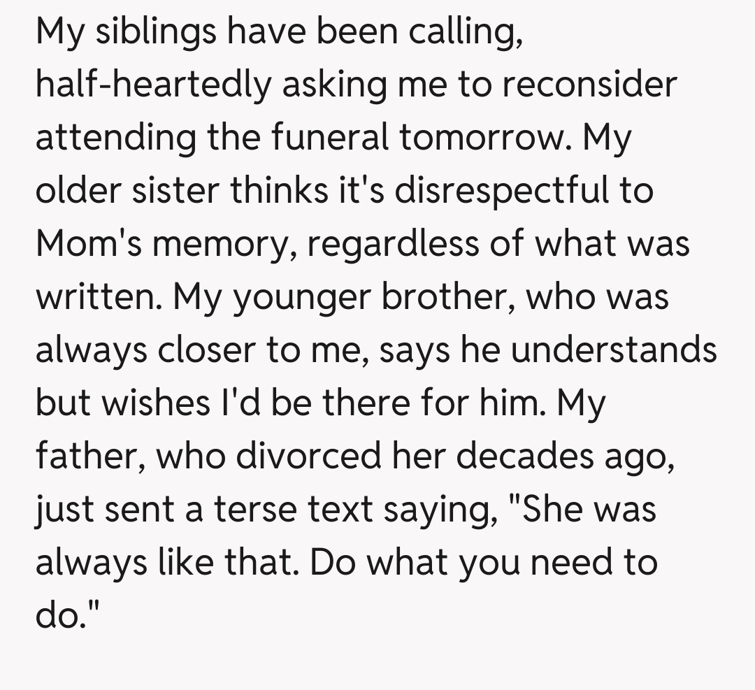AITA for not attending my mom’s funeral because she wrote in her will ...